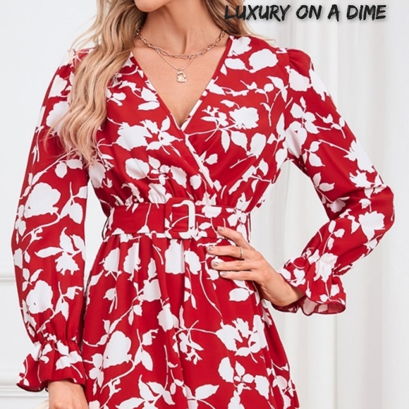 Dresses | Belted Contrasting Floral Surplice Vneck Long Sleeve Ruffle ...